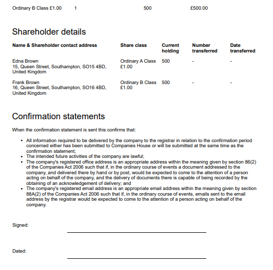 What does the Inform Direct Confirmation Statement Summary (Approval ...