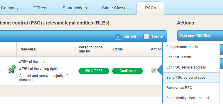How to send a personal code for an existing PSC (VS01) – Inform Direct